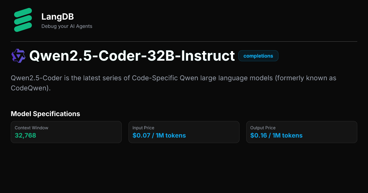 Qwen2.5-Coder-32B-Instruct by deepinfra | AI Model Pricing, Performance & API Access | LangDB