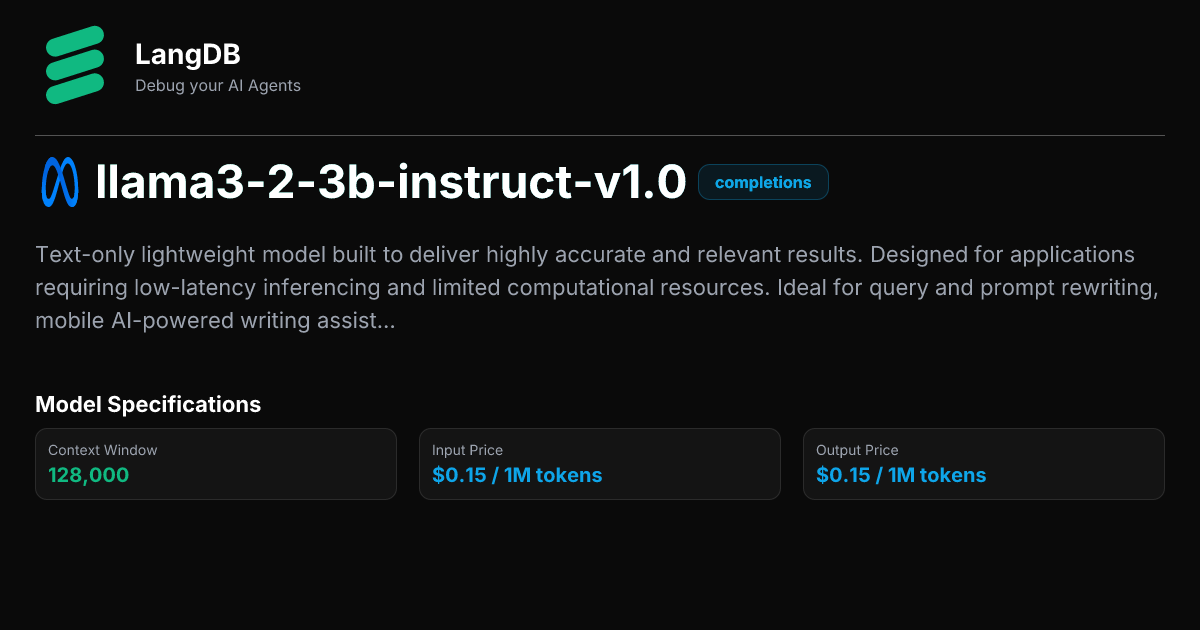 llama3-2-3b-instruct-v1.0 by bedrock | AI Model Pricing, Performance & API Access | LangDB