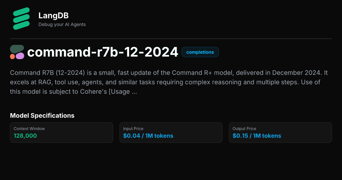 command-r7b-12-2024 by openrouter | AI Model Pricing, Performance & API Access | LangDB