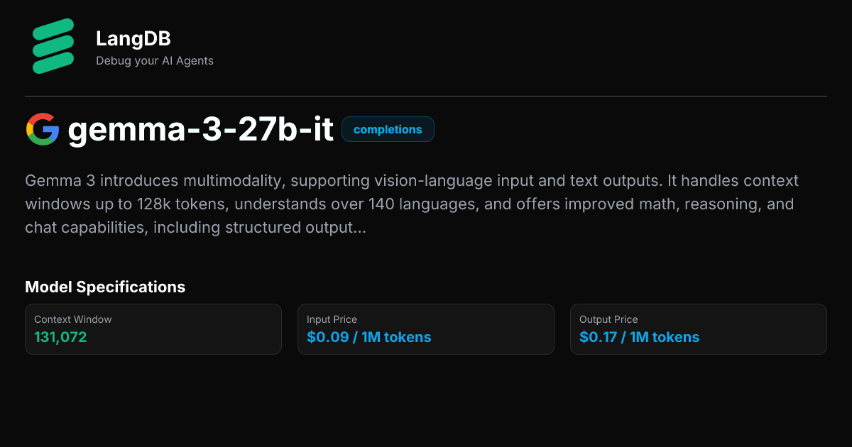 gemma-3-27b-it by deepinfra | AI Model Pricing, Performance & API Access | LangDB