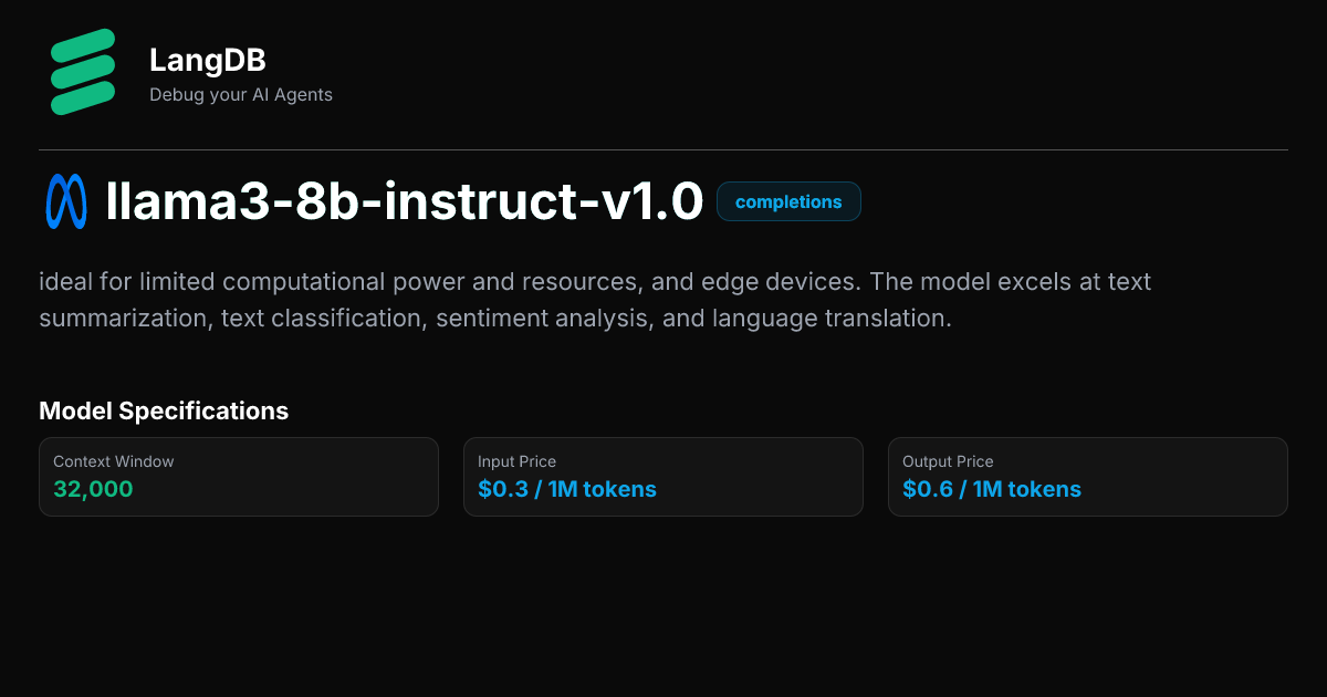 llama3-8b-instruct-v1.0 by bedrock | AI Model Pricing, Performance & API Access | LangDB