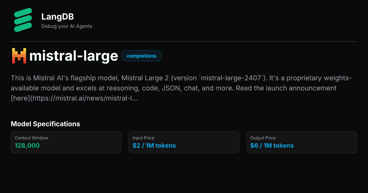 mistral-large by mistralai | AI Model Pricing, Performance & API Access | LangDB