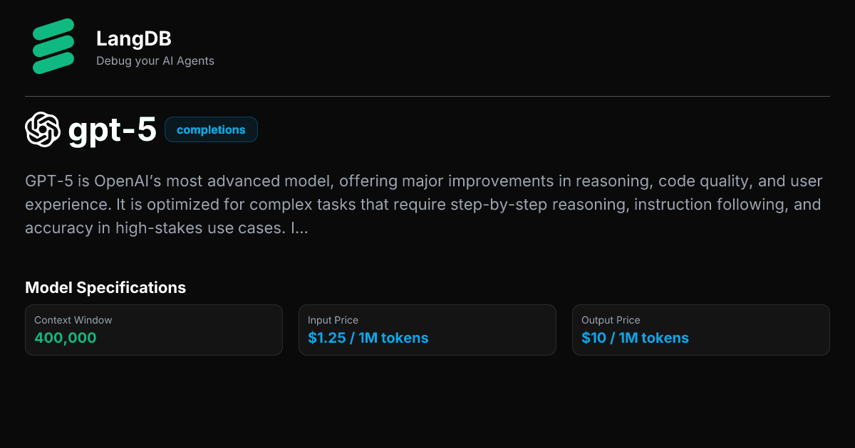 gpt-5 by openai | AI Model Pricing, Performance & API Access | LangDB