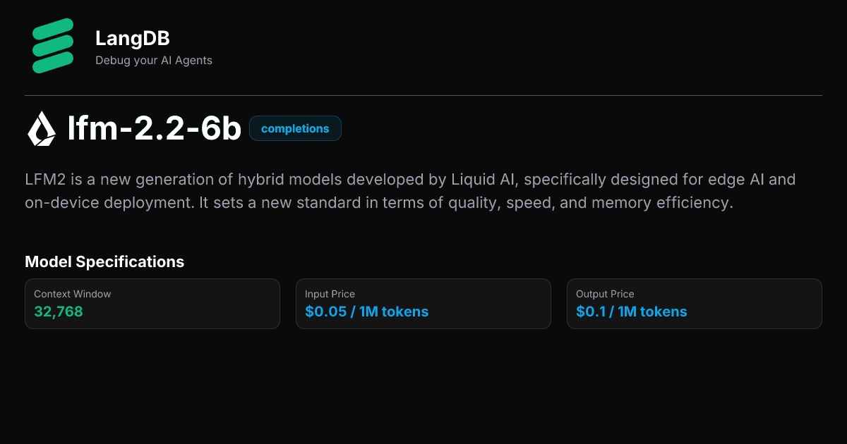 lfm-2.2-6b by openrouter | AI Model Pricing, Performance & API Access | LangDB