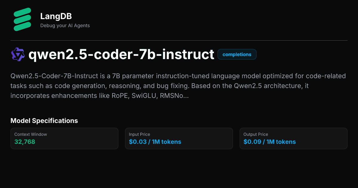 qwen2.5-coder-7b-instruct by openrouter | AI Model Pricing, Performance & API Access | LangDB