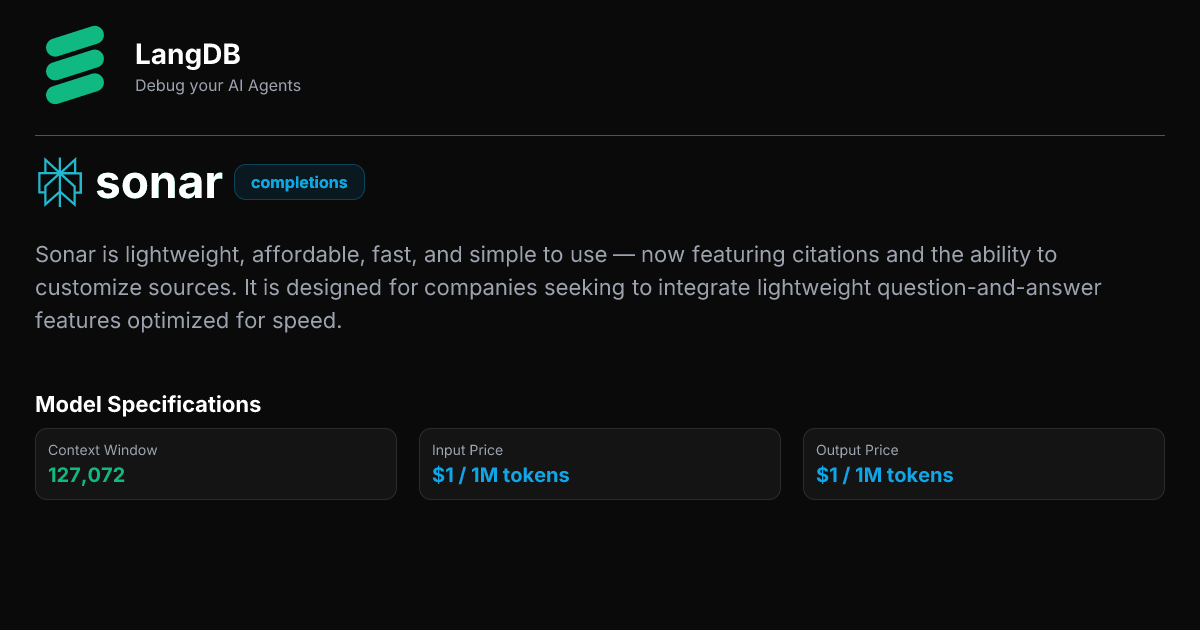 sonar by openrouter | AI Model Pricing, Performance & API Access | LangDB
