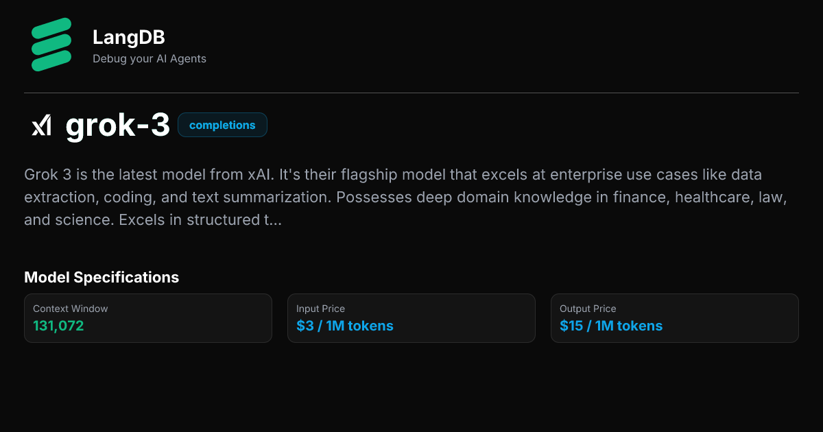 grok-3 by xai | AI Model Pricing, Performance & API Access | LangDB