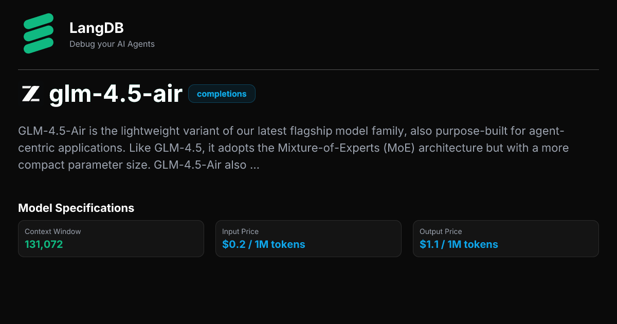 glm-4.5-air by zai | AI Model Pricing, Performance & API Access | LangDB